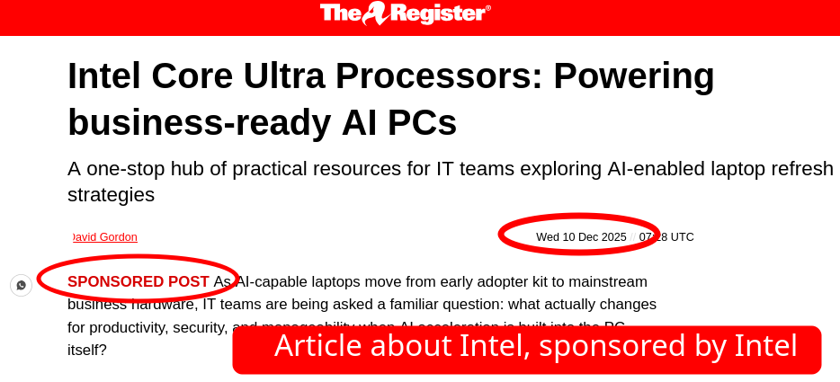 Techrights — At The Register MS, Fake 'Articles' Sponsored by WIntel ...